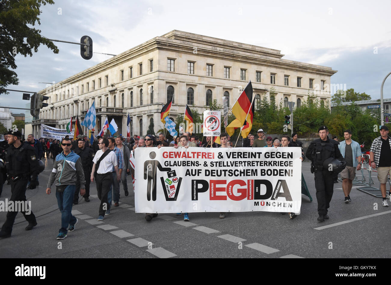 Munich, Germany. 22nd Aug, 2016. Participants of a Pegida demonstration ...