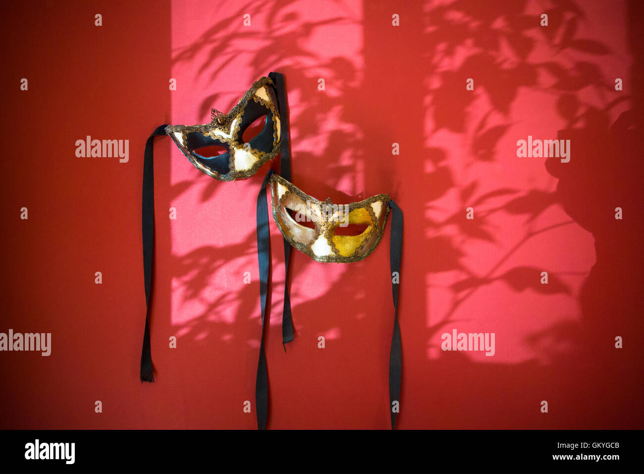 A pair of Venetian Carnival face masks hanging on a wall with the ...