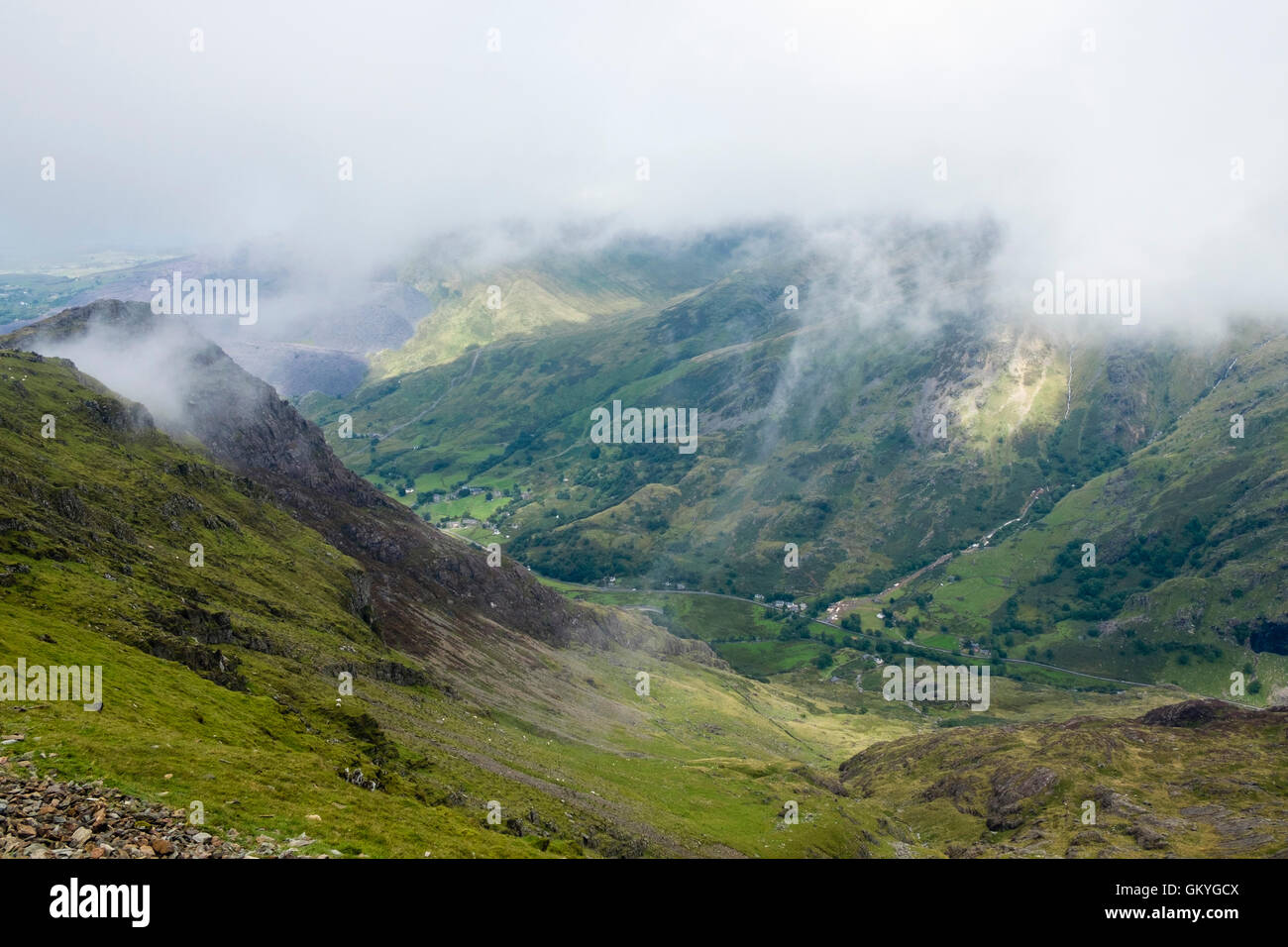 View down Cwm Glas Bach to Llanberis Pass from Llanberis Path on slopes ...