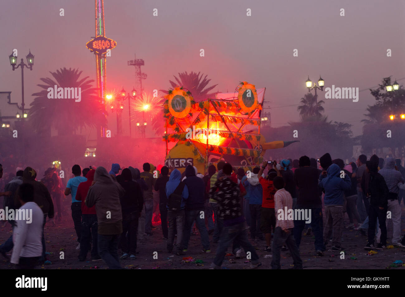 Burning (quema) of pyrotechnic bulls (toritos) during the National ...