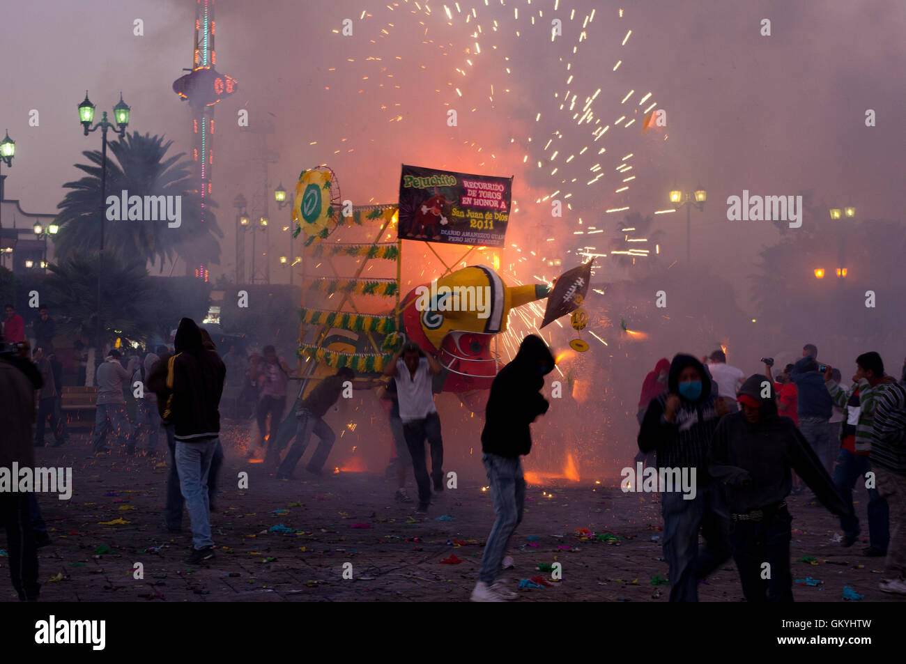 Burning (quema) of pyrotechnic bulls (toritos) during the National ...