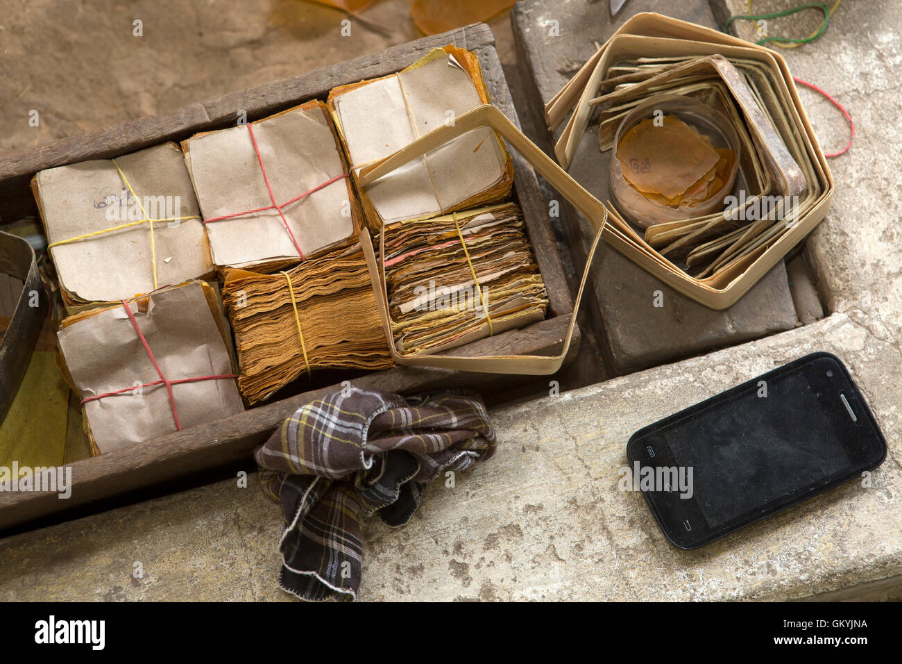 Gold leaf at the King Galon Workshop in Mandalay, Myanmar (Burma). The ...