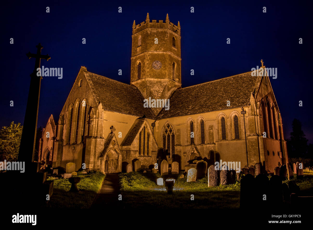 A church illuminated by flood lights on a dark evening Stock Photo - Alamy