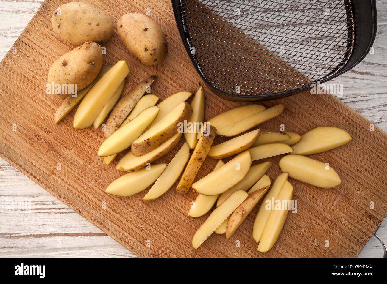 potato ingredient raw rustic still life white wood background flat lay ...