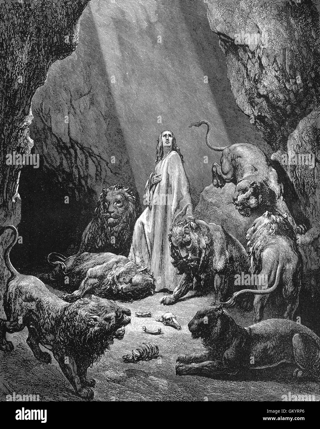 Engraving of Daniel in The Den of Lions by Gustave Doré Stock Photo - Alamy