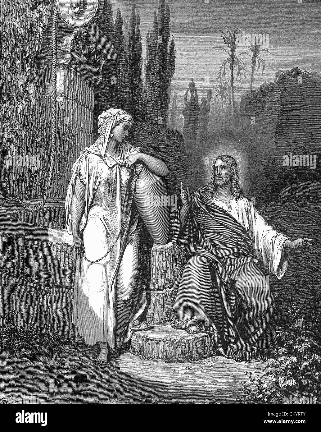 Engraving of Jesus and The Women of Samaria by Gustave Doré Stock Photo ...