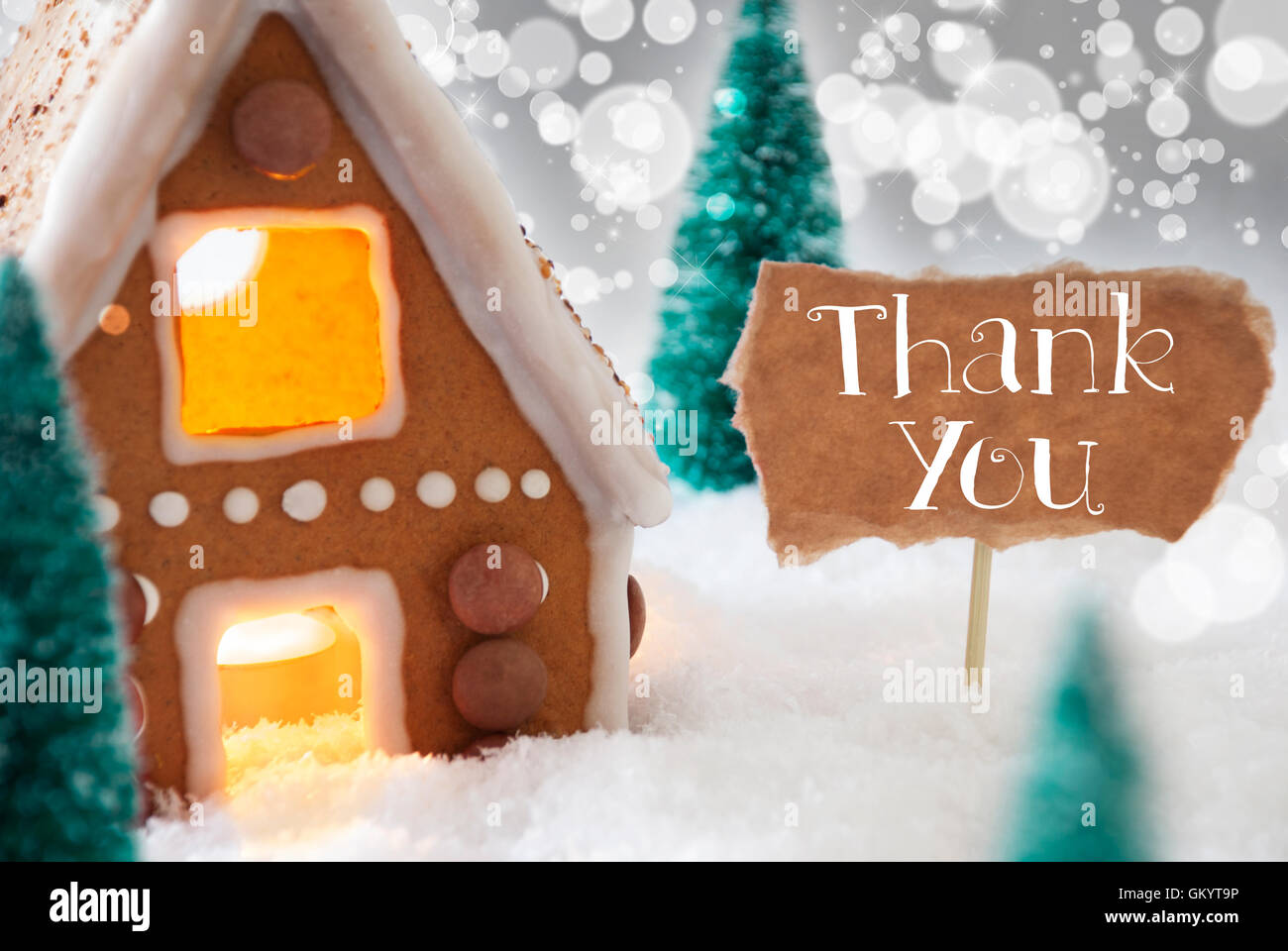 Gingerbread House, Silver Background, Text Thank You Stock Photo - Alamy
