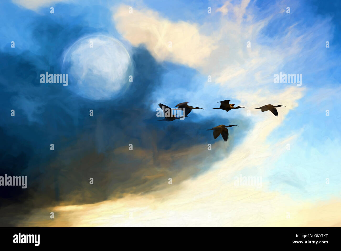 Birds moon is a flock of birds flying at twilight against a colorful ...
