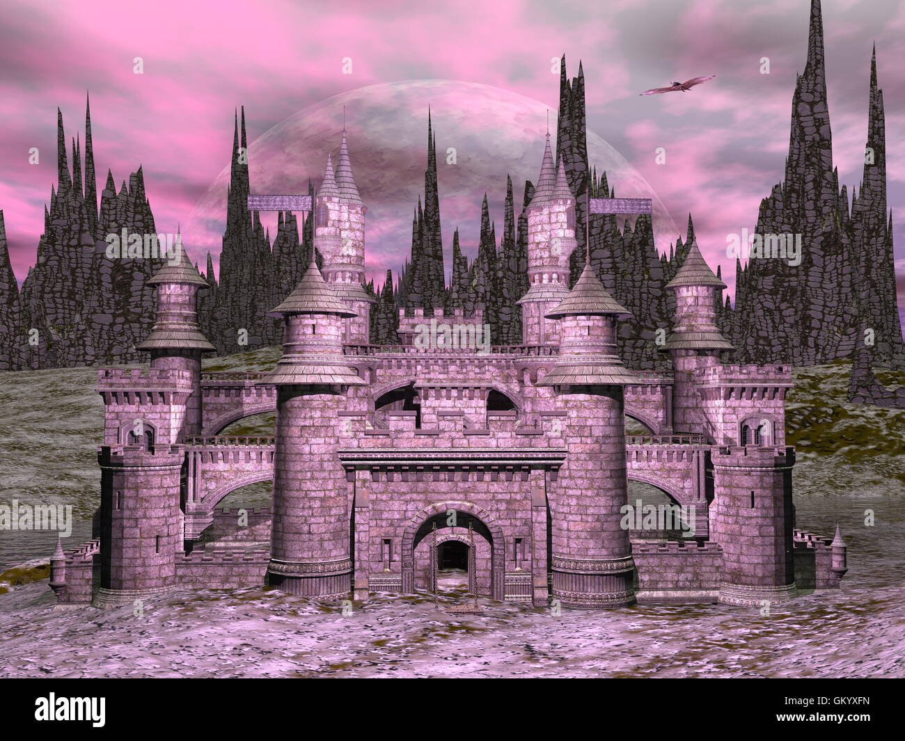 Beautiful detailed castle in front of big moon by pink night - 3D ...