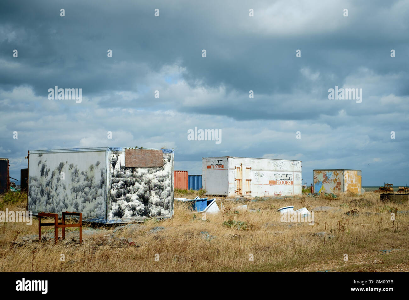 Shipping containers on the shingle at Dungeness National Nature Reserve ...