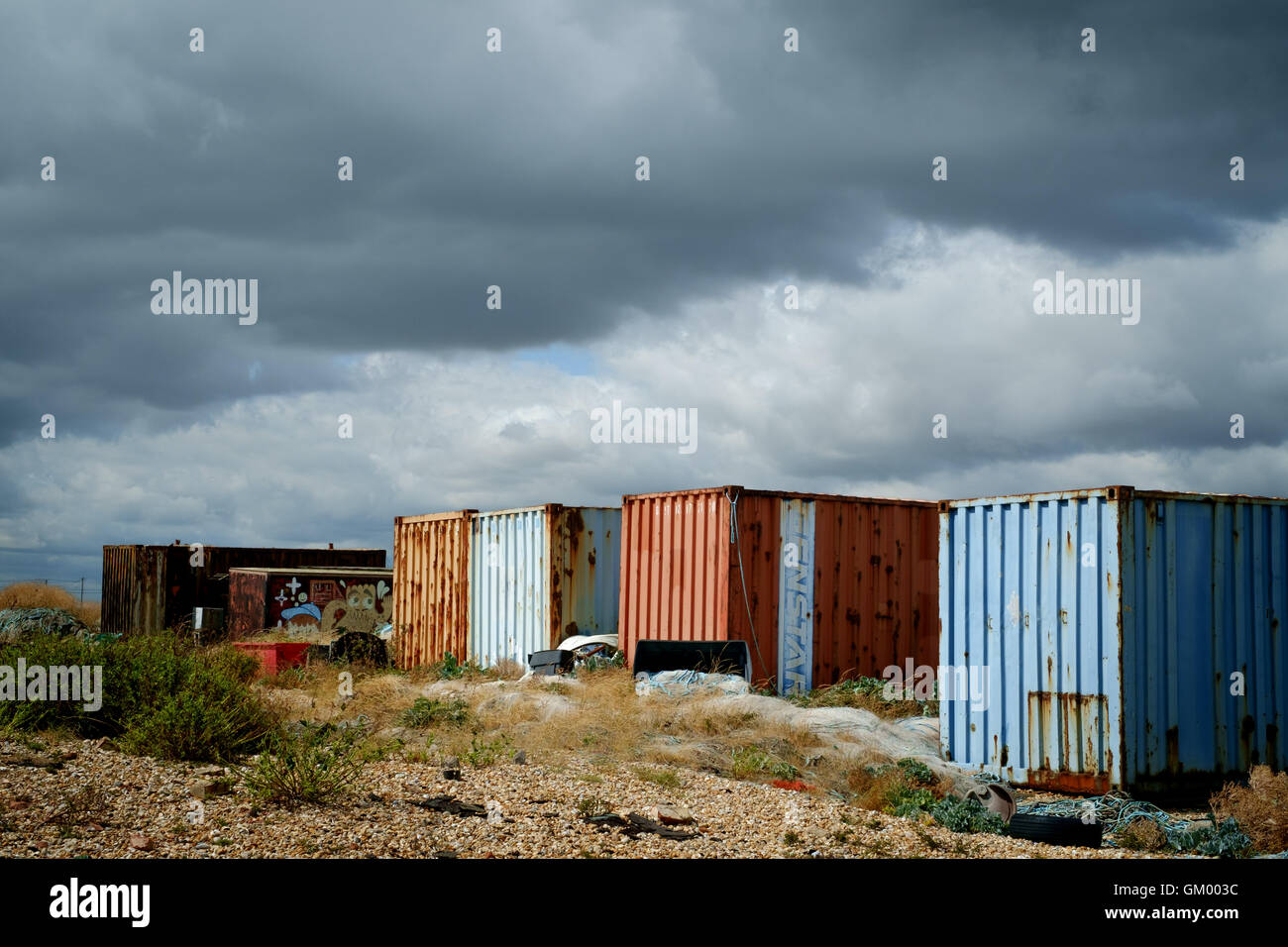 Shipping containers on the shingle at Dungeness National Nature Reserve ...