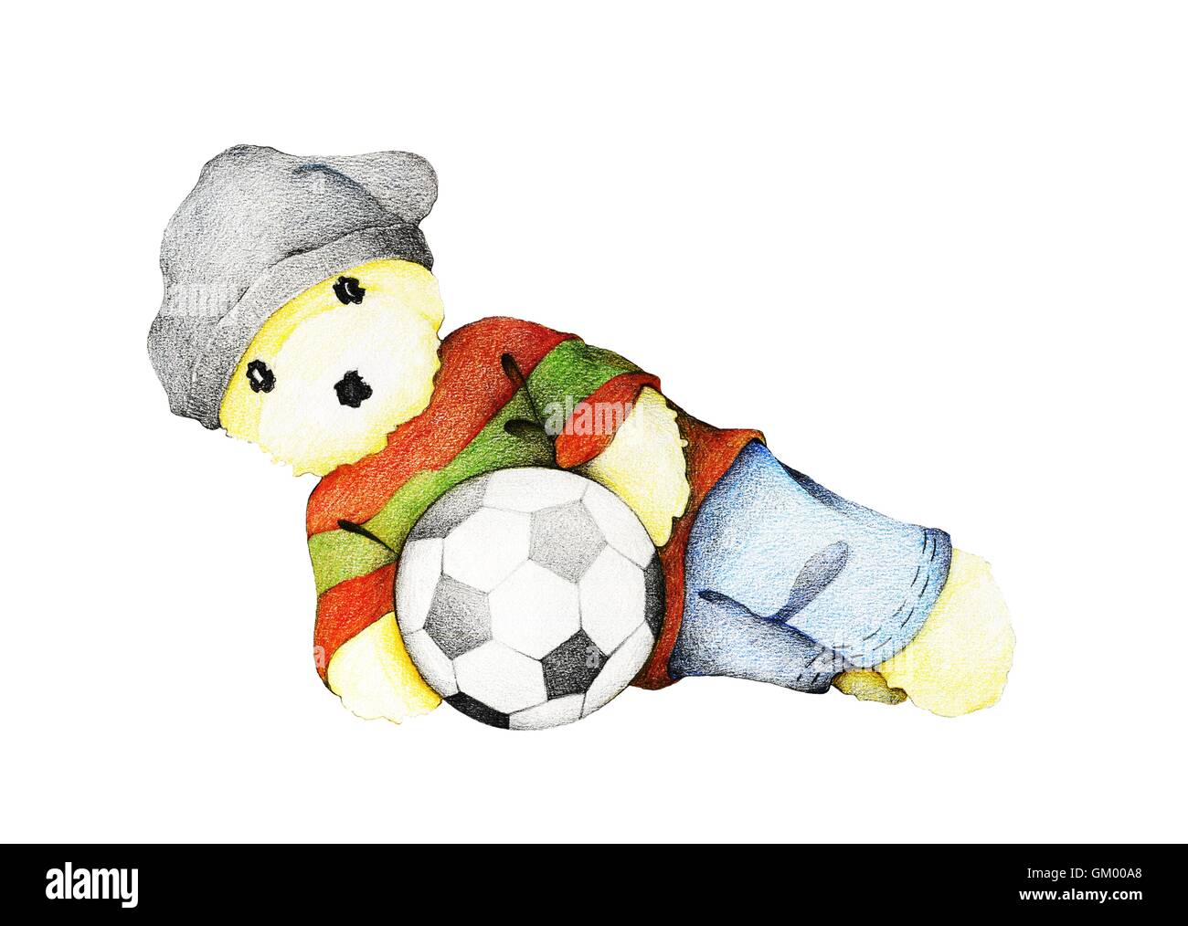 Hand Drawn of Lovely Teddy Bear Playing and Catching A Soccer Ball or ...