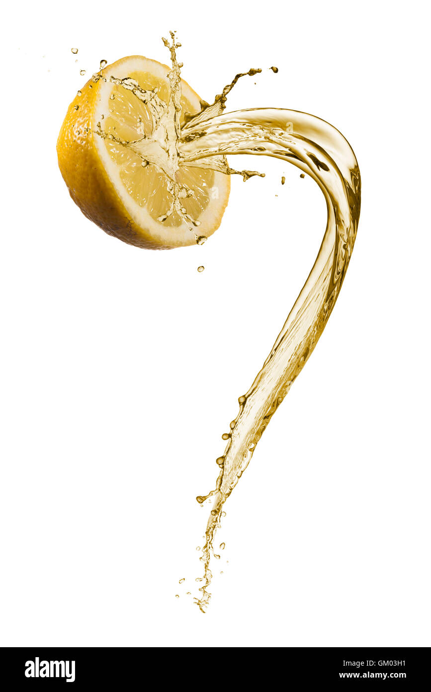 lemon slice with splash lemon juice, isolated on white Stock Photo - Alamy