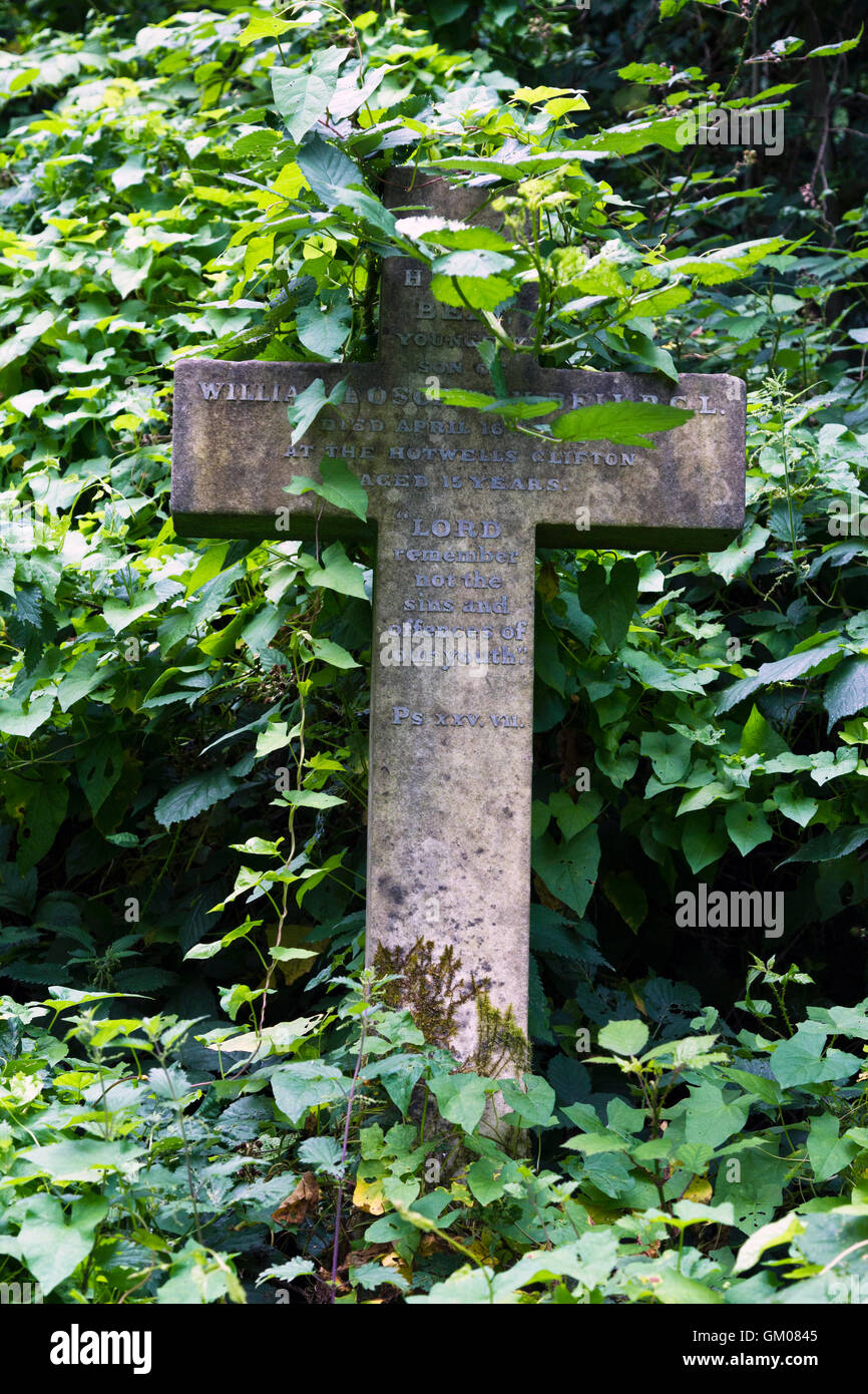 Overgrown cross headstone at Arnos Vale cemetery in Bristol Stock Photo ...
