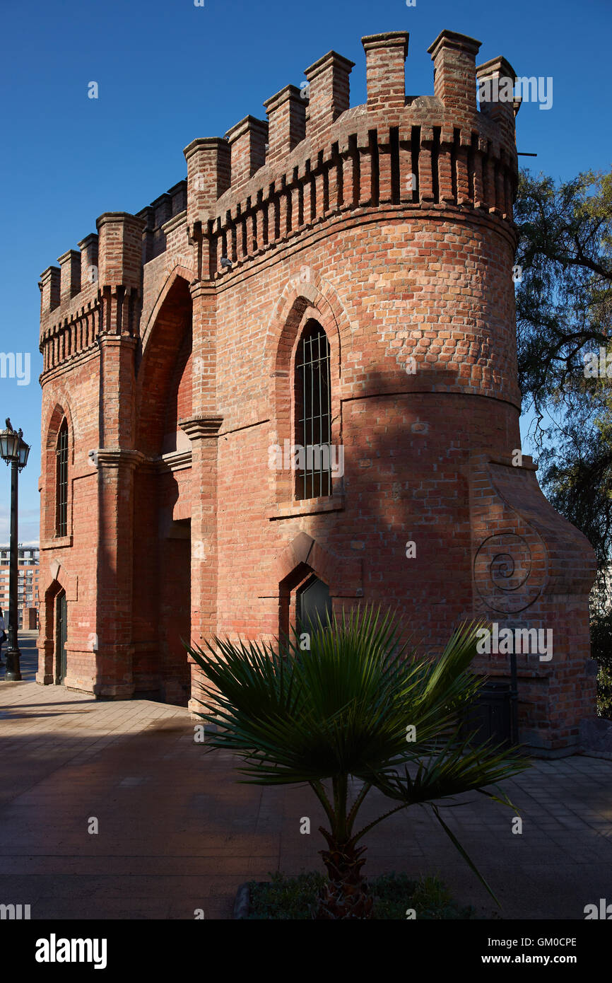 Fortified red brick gateway at Cerro Santa Lucia, a historic landscaped ...