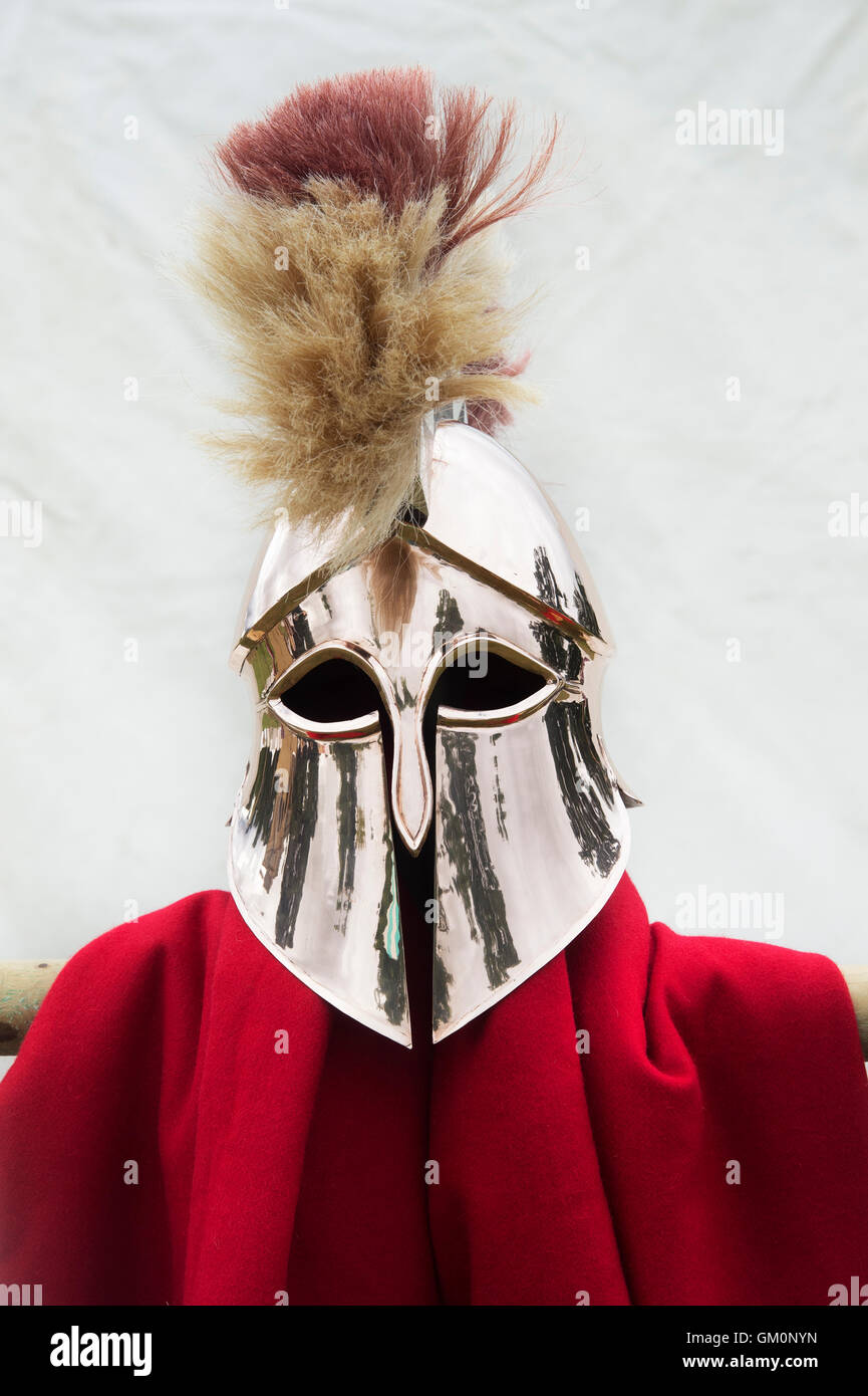 Hoplite. Ancient Greek Soldiers helmet at a reenactment. UK Stock Photo ...