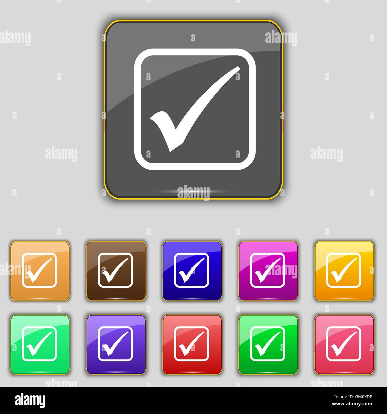 A check mark icon sign. Set with eleven colored buttons for your site ...