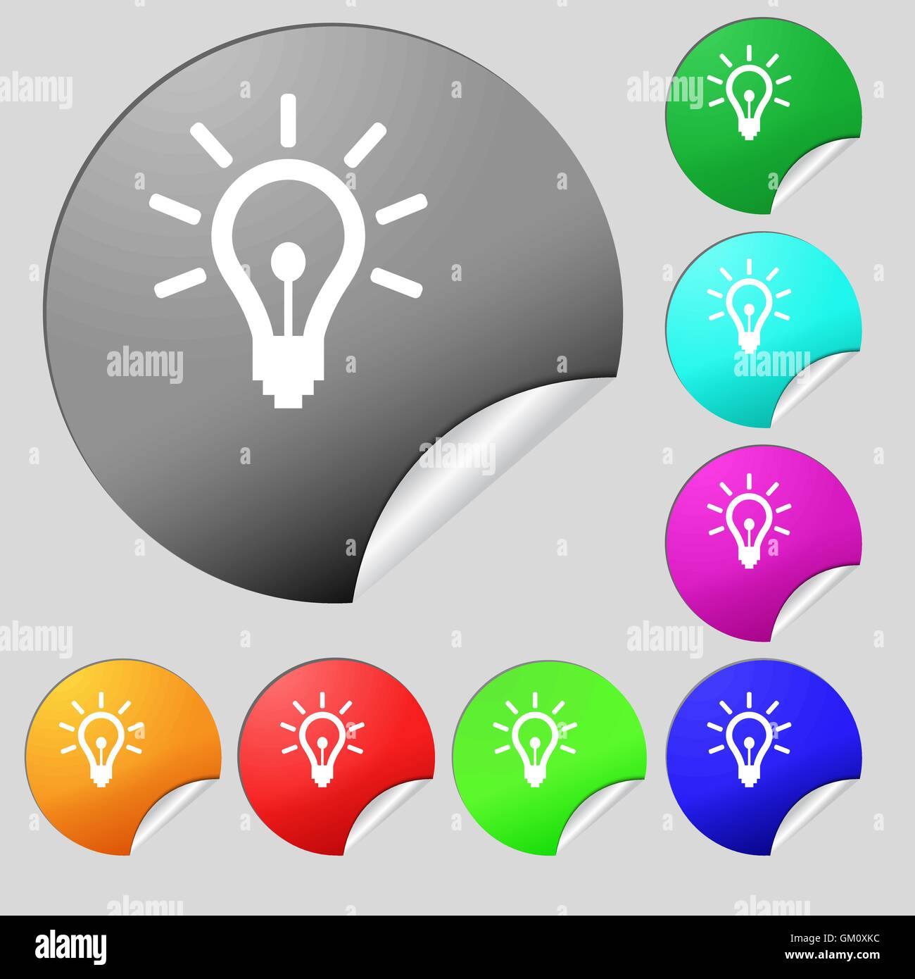Light bulb icon sign. Set of eight multi colored round buttons ...