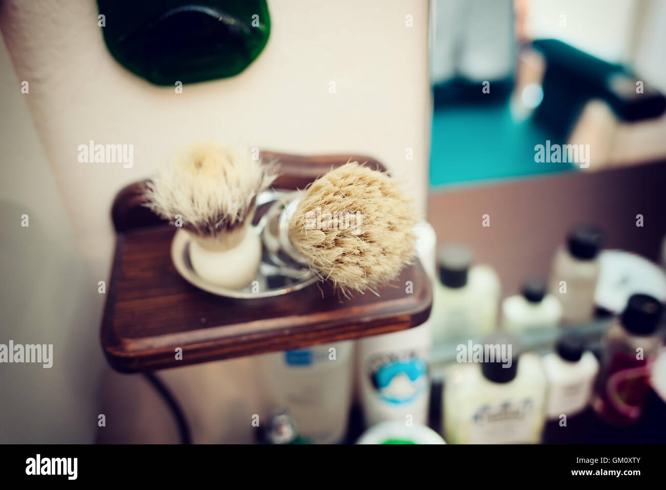 Brush shaving set in barber shop. Technique of selective focus Stock ...