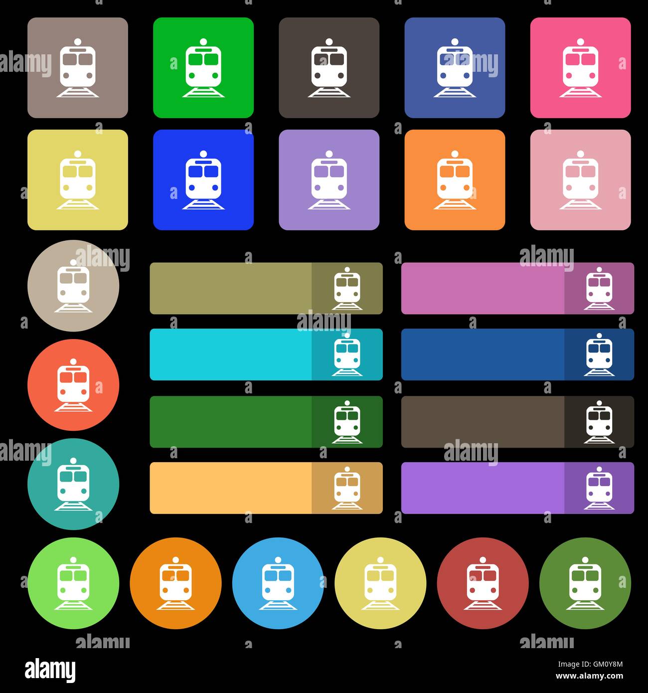 train icon sign. Set from twenty seven multicolored flat buttons ...