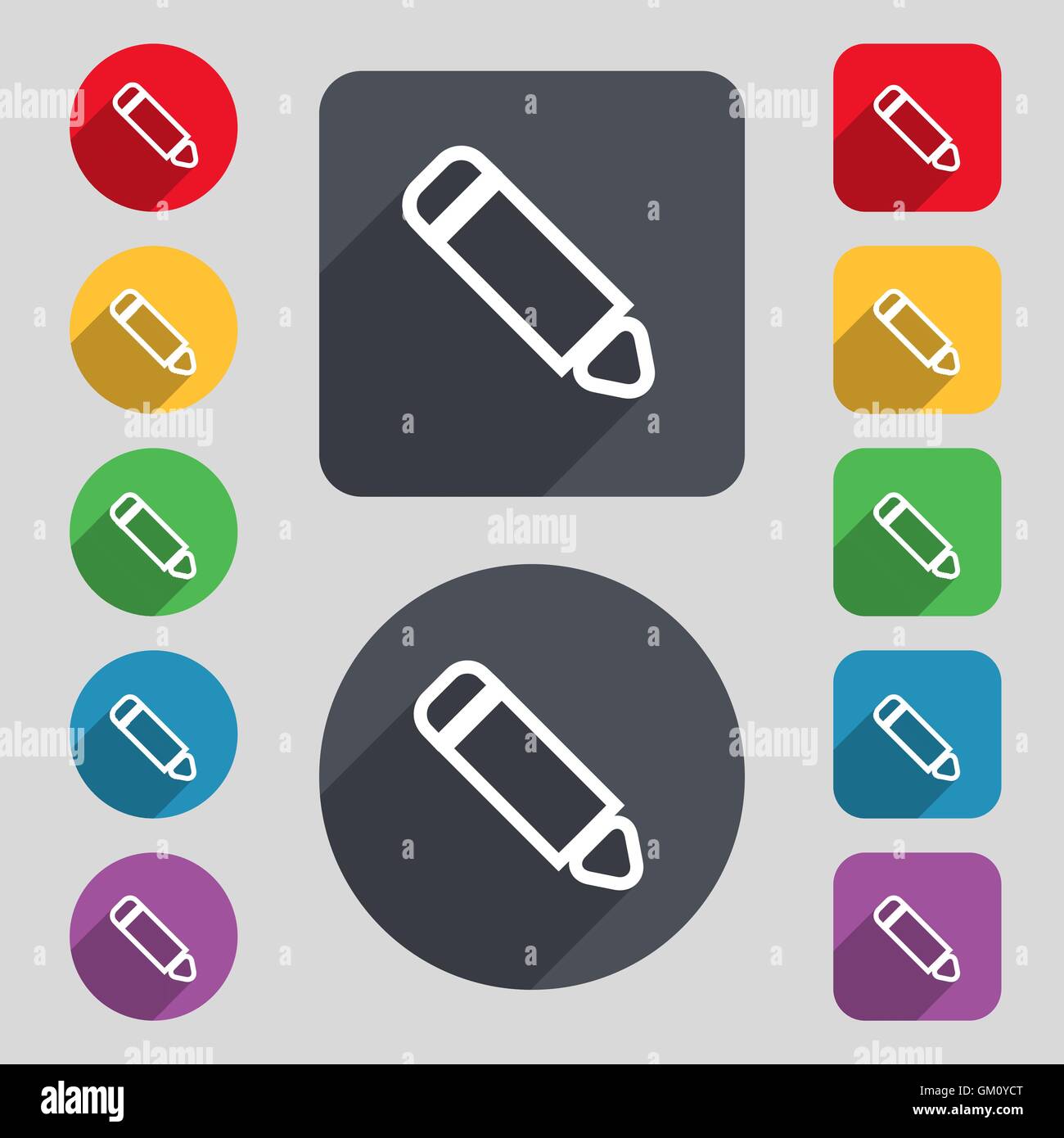 Pen icon sign. A set of 12 colored buttons and a long shadow. Flat ...