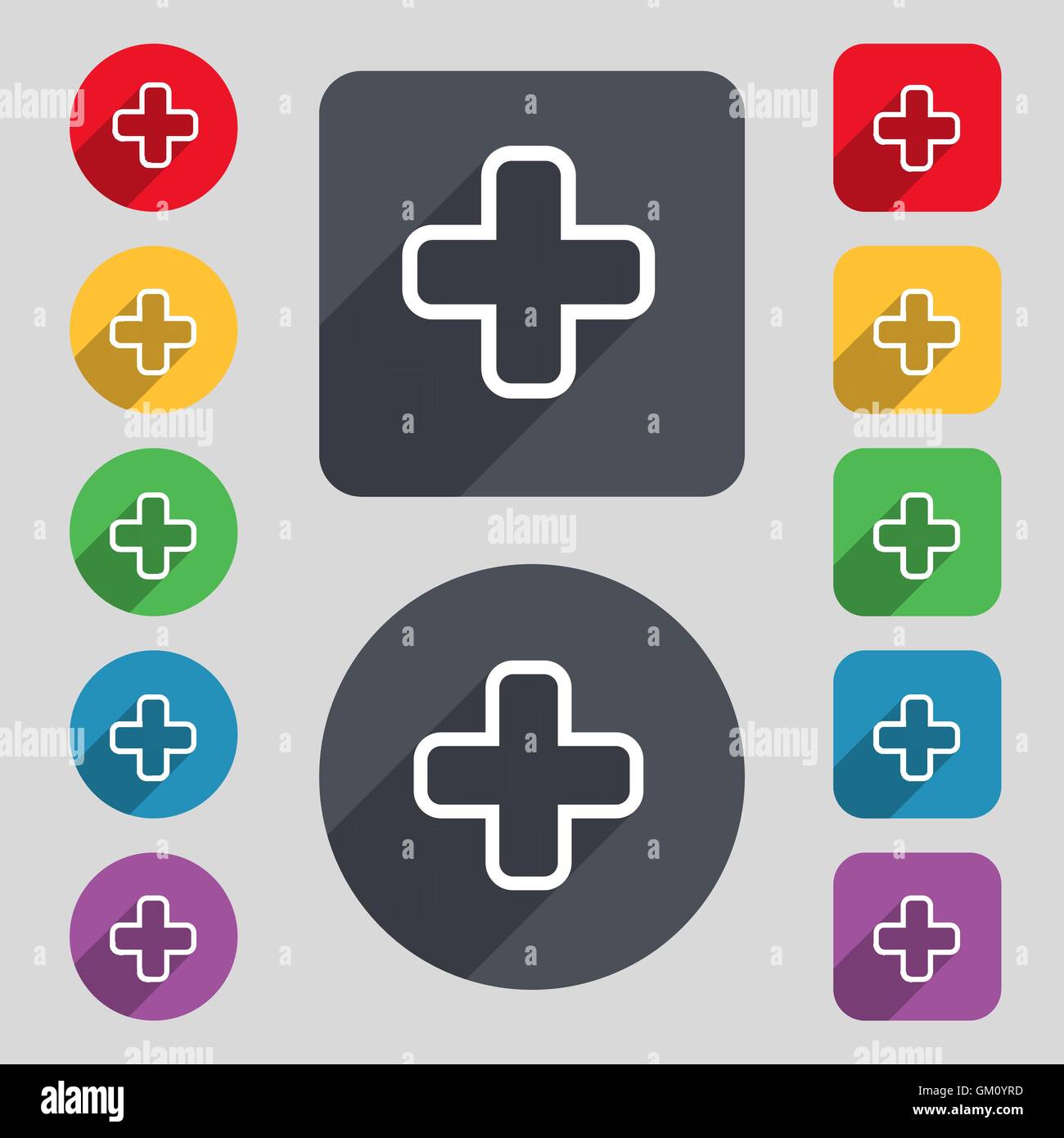 Plus icon sign. A set of 12 colored buttons and a long shadow. Flat ...