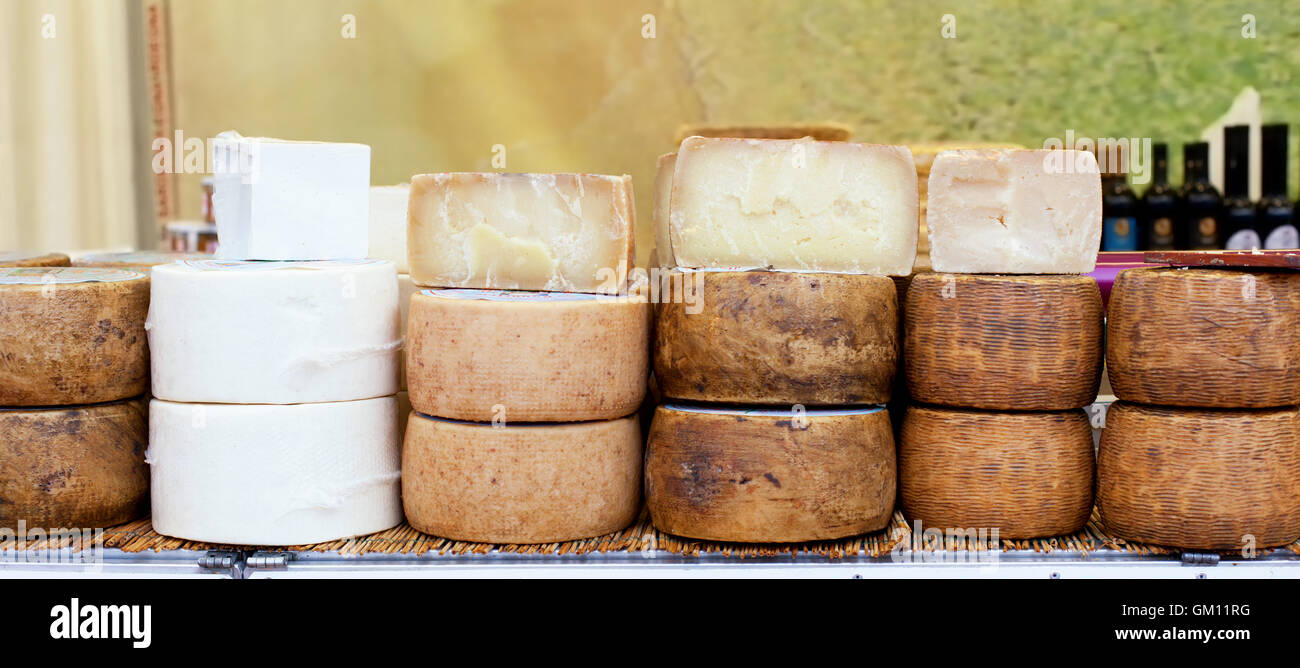 Various types of Italian cheeses for sale Stock Photo - Alamy