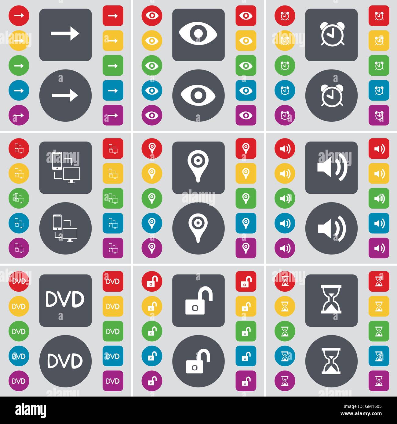 Arrow right, Vision, Alarm clock, Connection, Checkpoint, Sound, DVD ...