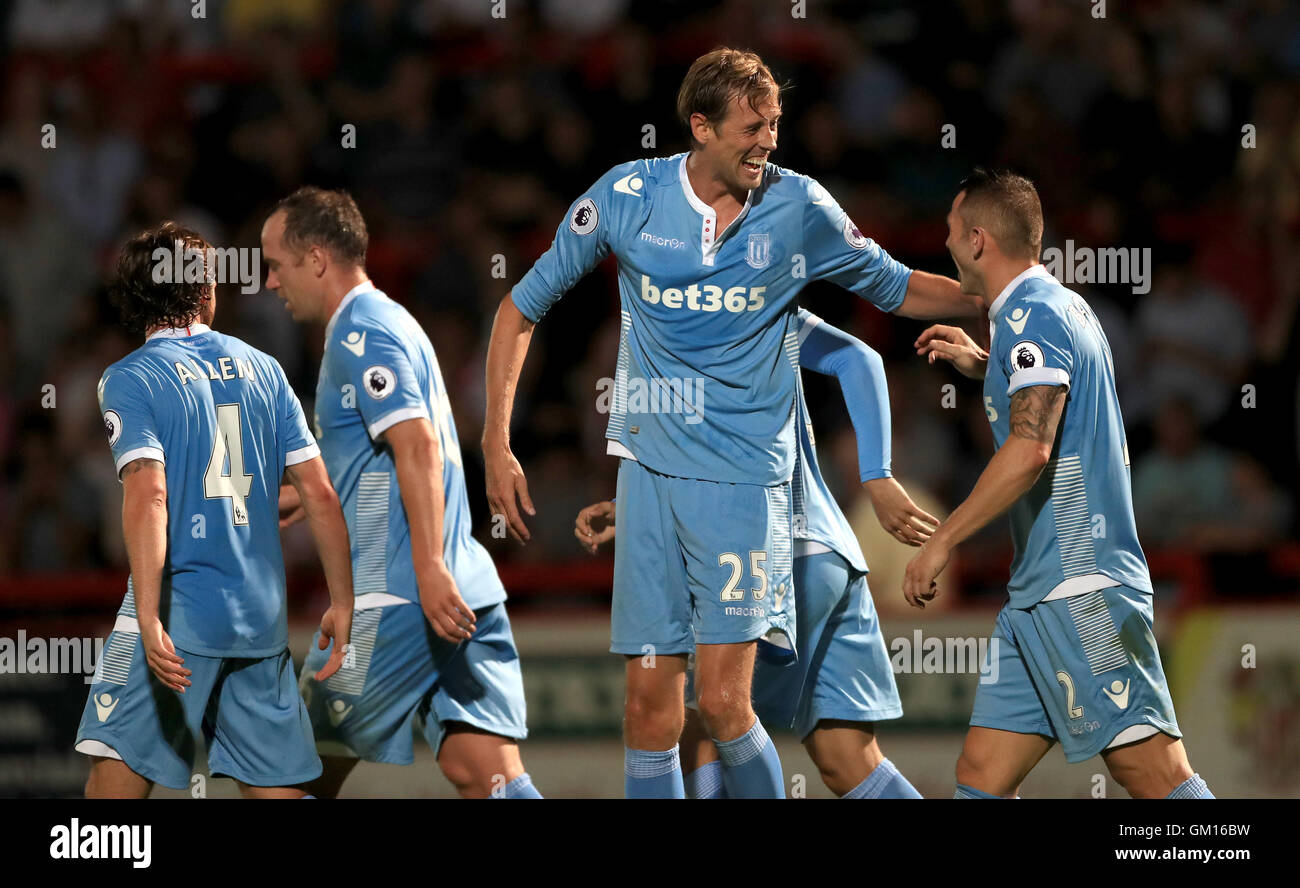 Stoke City's Peter Crouch celebrates scoring his third and his side's ...