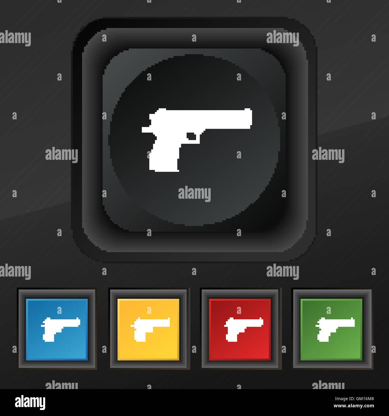 gun icon symbol. Set of five colorful, stylish buttons on black texture ...