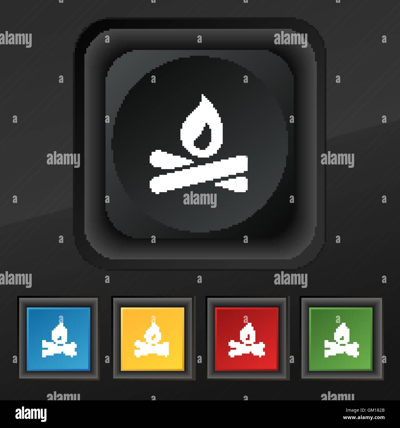 Fire flame icon symbol. Set of five colorful, stylish buttons on black ...
