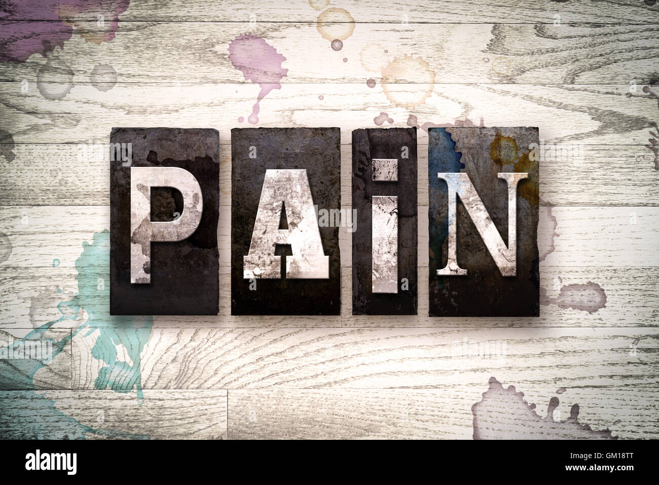 The word "PAIN" written in vintage dirty metal letterpress type on a ...