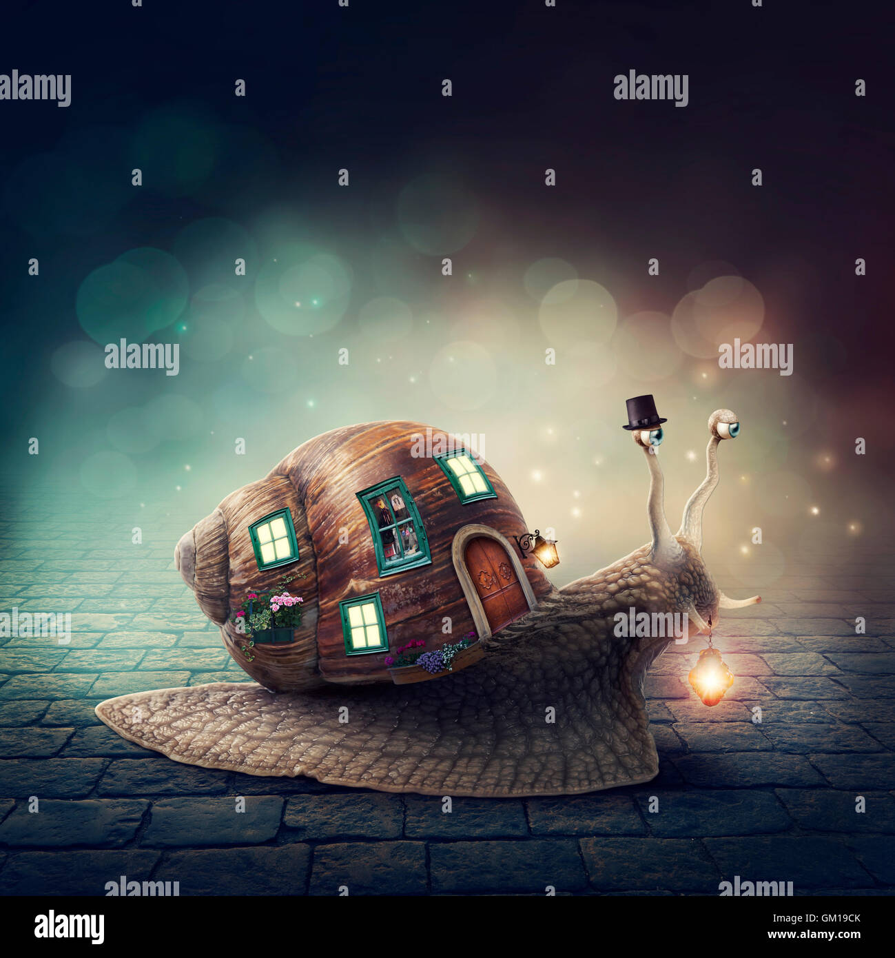 Snail with a shell house with light Stock Photo - Alamy