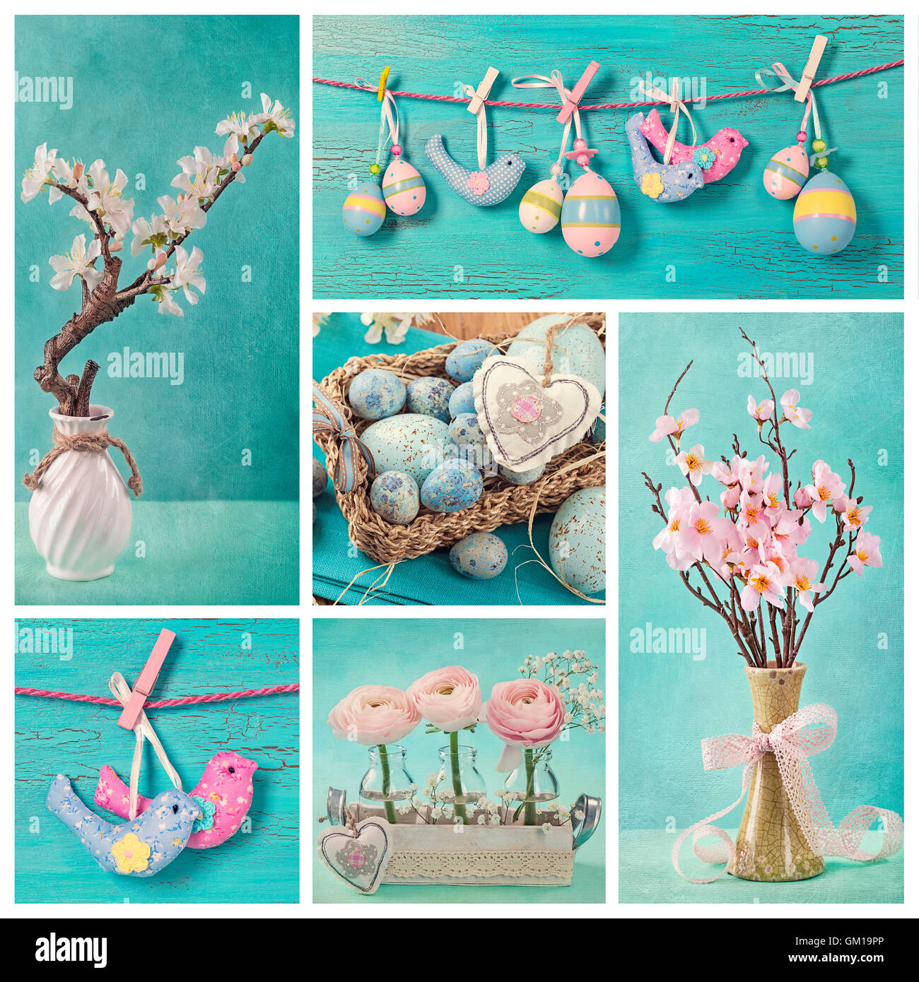 Collage with pastel blue and pink colored easter decoration Stock Photo ...