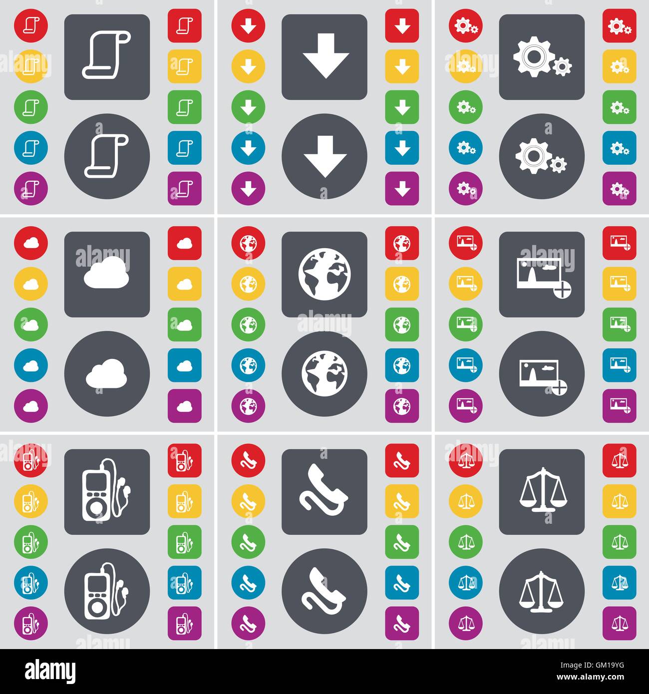 Scroll, Arrow down, Gear, Cloud, Earth, Picture, MP3 player, Receiver ...