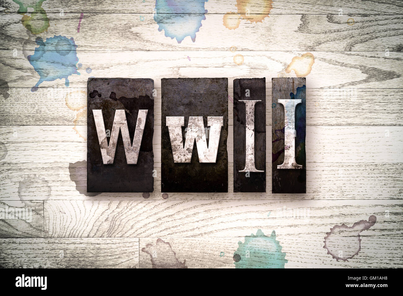 The word "WWII" written in vintage dirty metal letterpress type on a ...