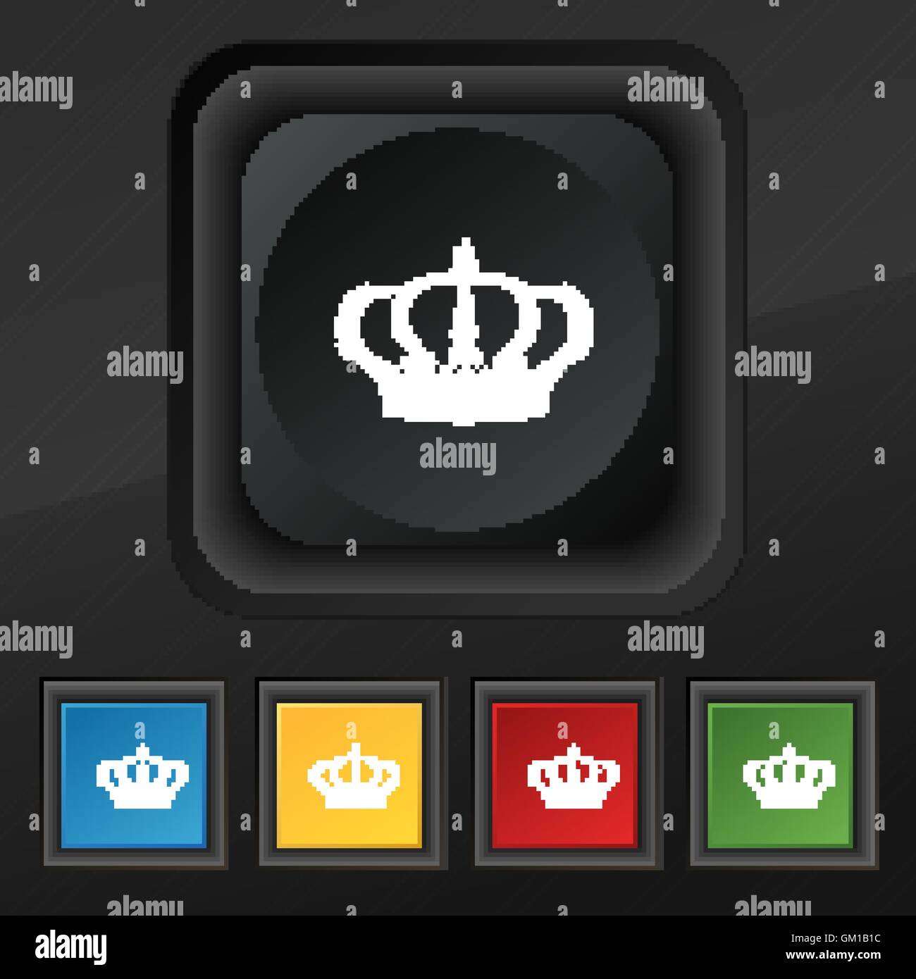 Crown icon symbol. Set of five colorful, stylish buttons on black ...