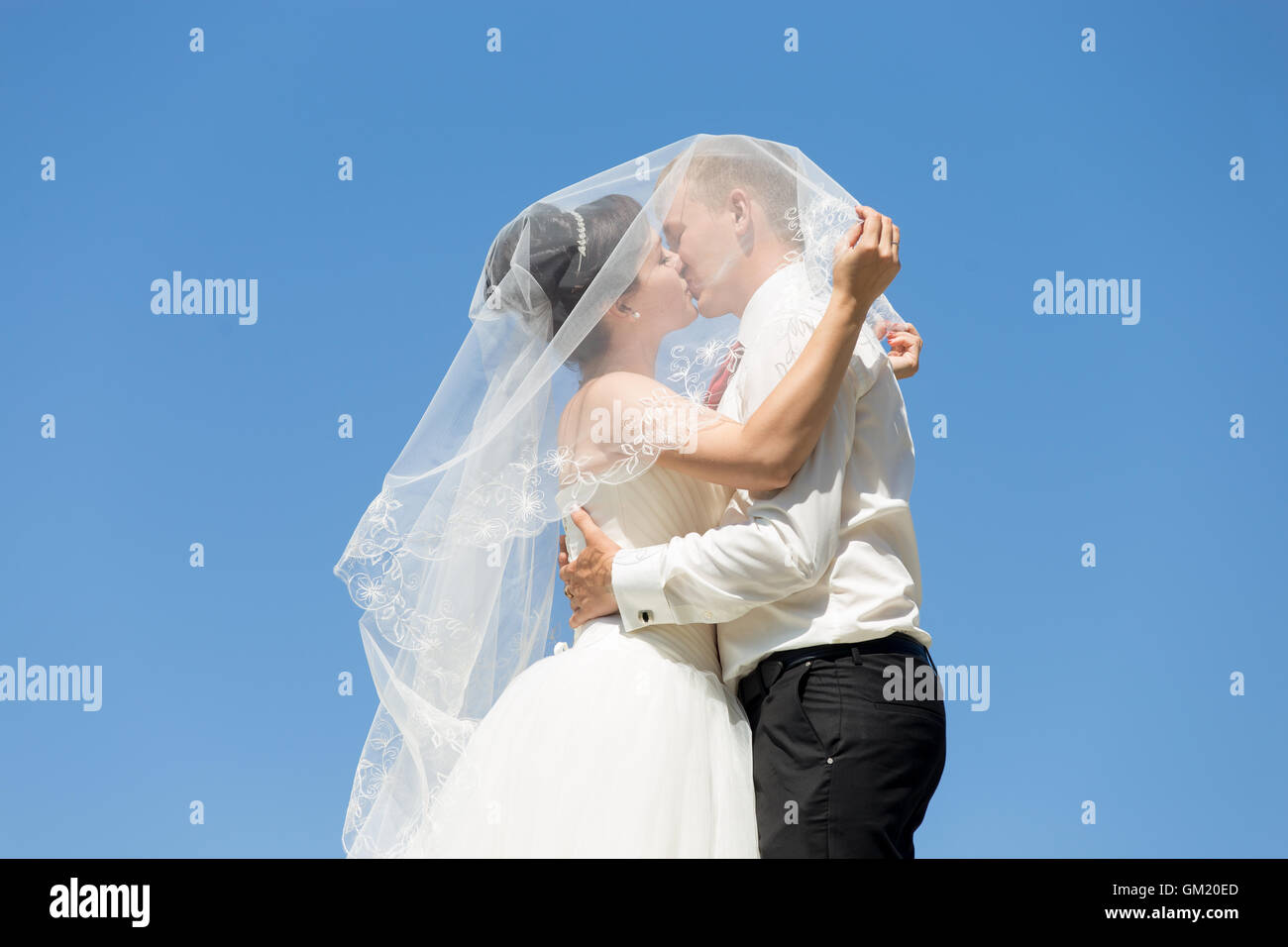 Portrait of young wedding Caucasian couple kissing holding veil over ...