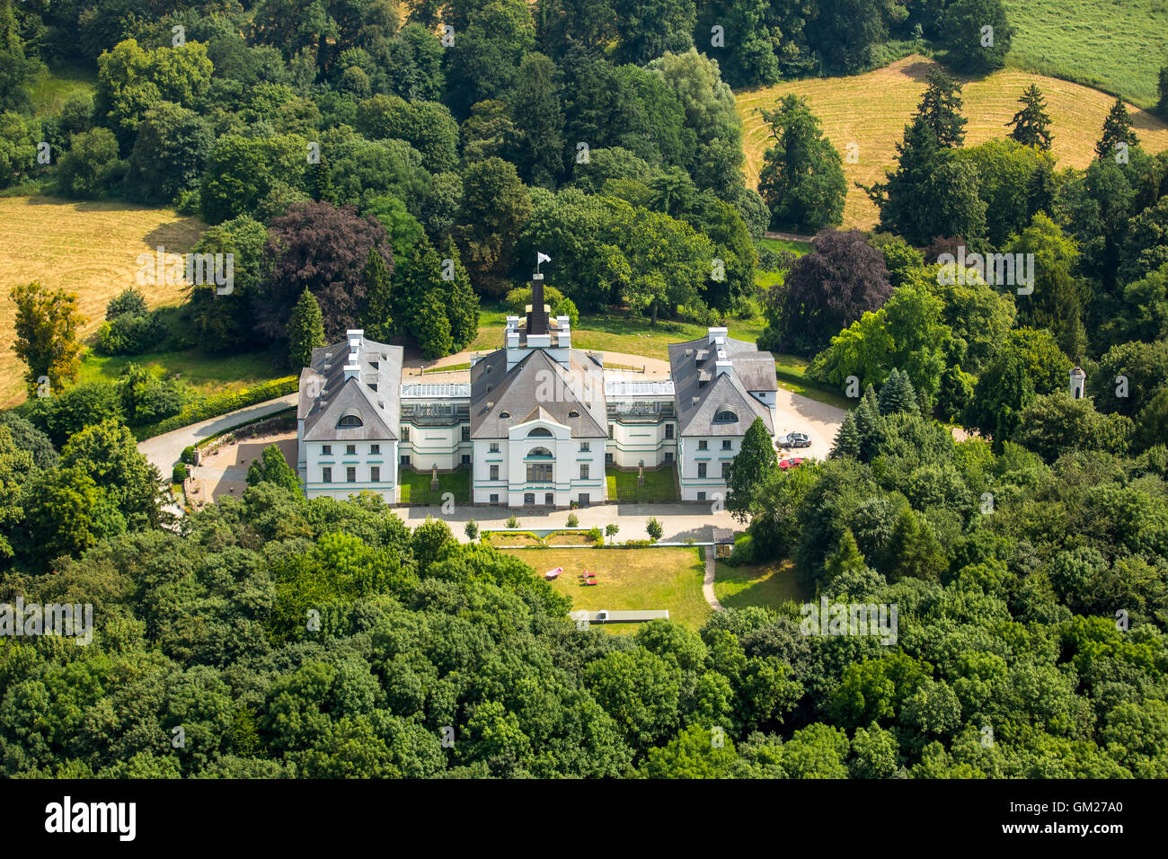 Aerial view, Castle Burg Schlitz, mansion in the hills between forests ...