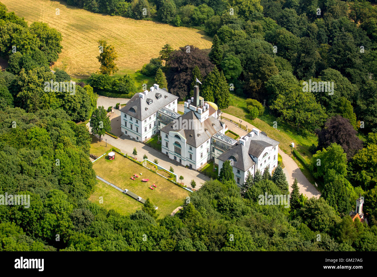 Aerial view, Castle Burg Schlitz, mansion in the hills between forests ...