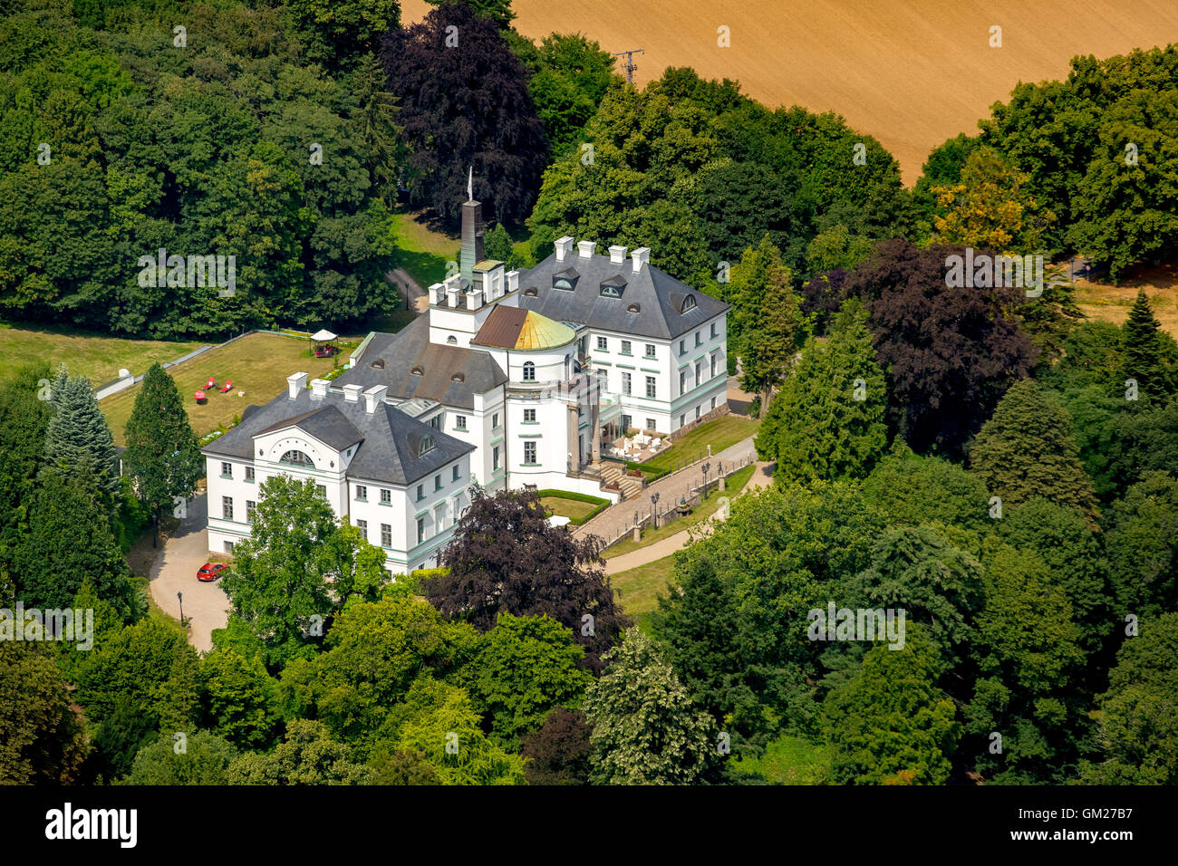 Aerial view, Castle Burg Schlitz, mansion in the hills between forests ...