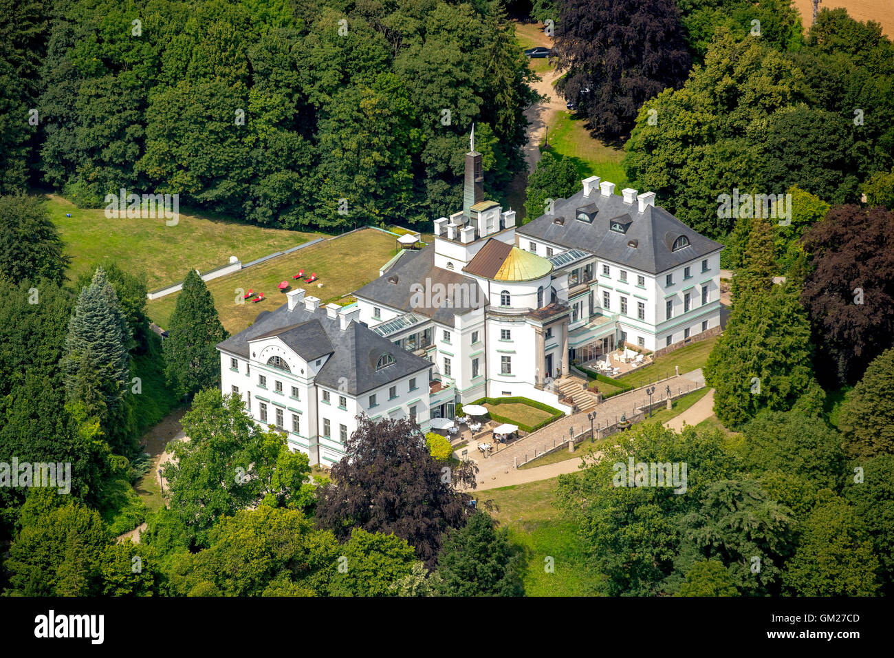 Aerial view, Castle Burg Schlitz, mansion in the hills between forests ...