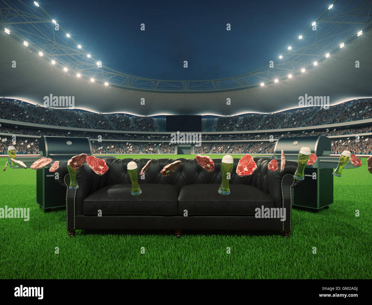 stadium with a sofa in the middle. 3d rendering Stock Photo - Alamy
