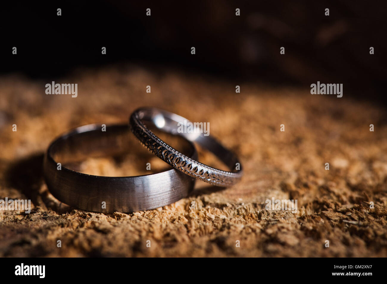 Brushed silver wedding rings on a rustic log of wood at a barn wedding ...