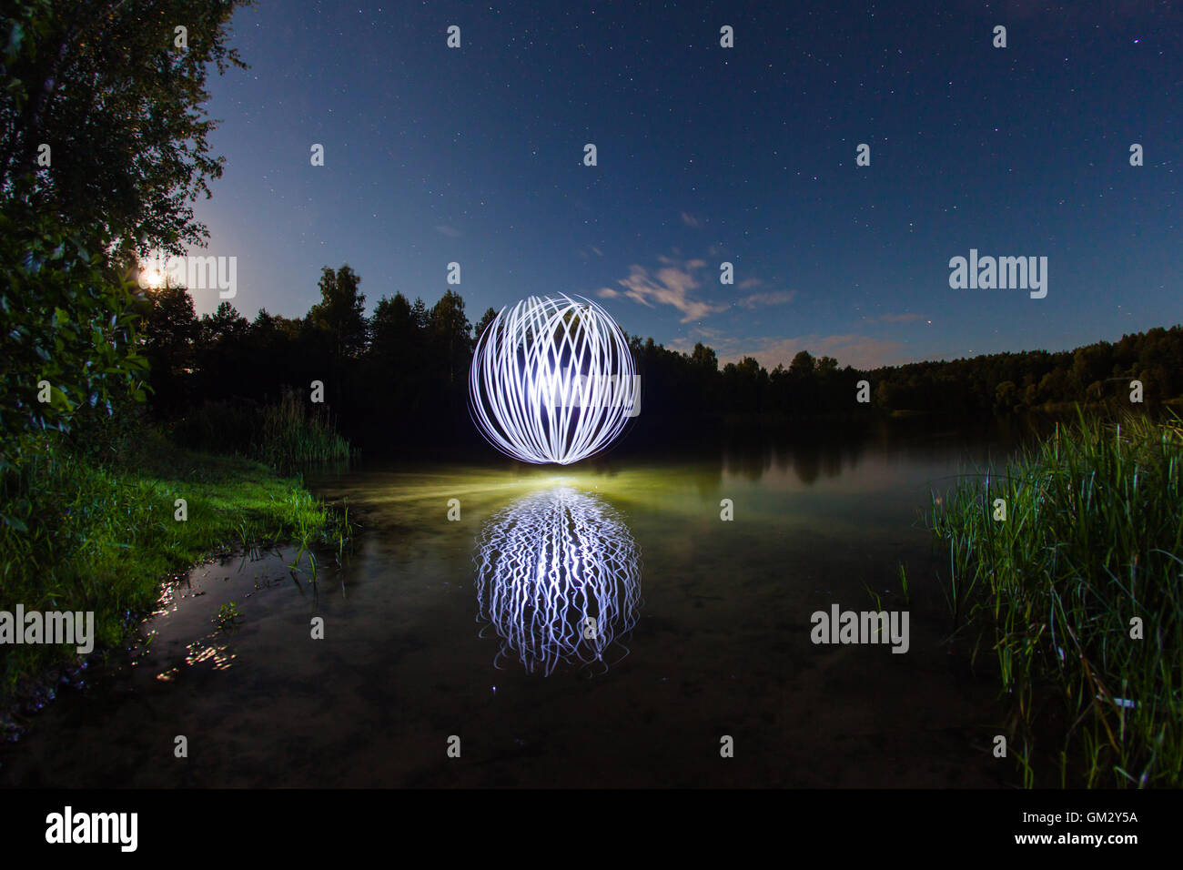 Luminous sphere near the lake in full moon Stock Photo - Alamy