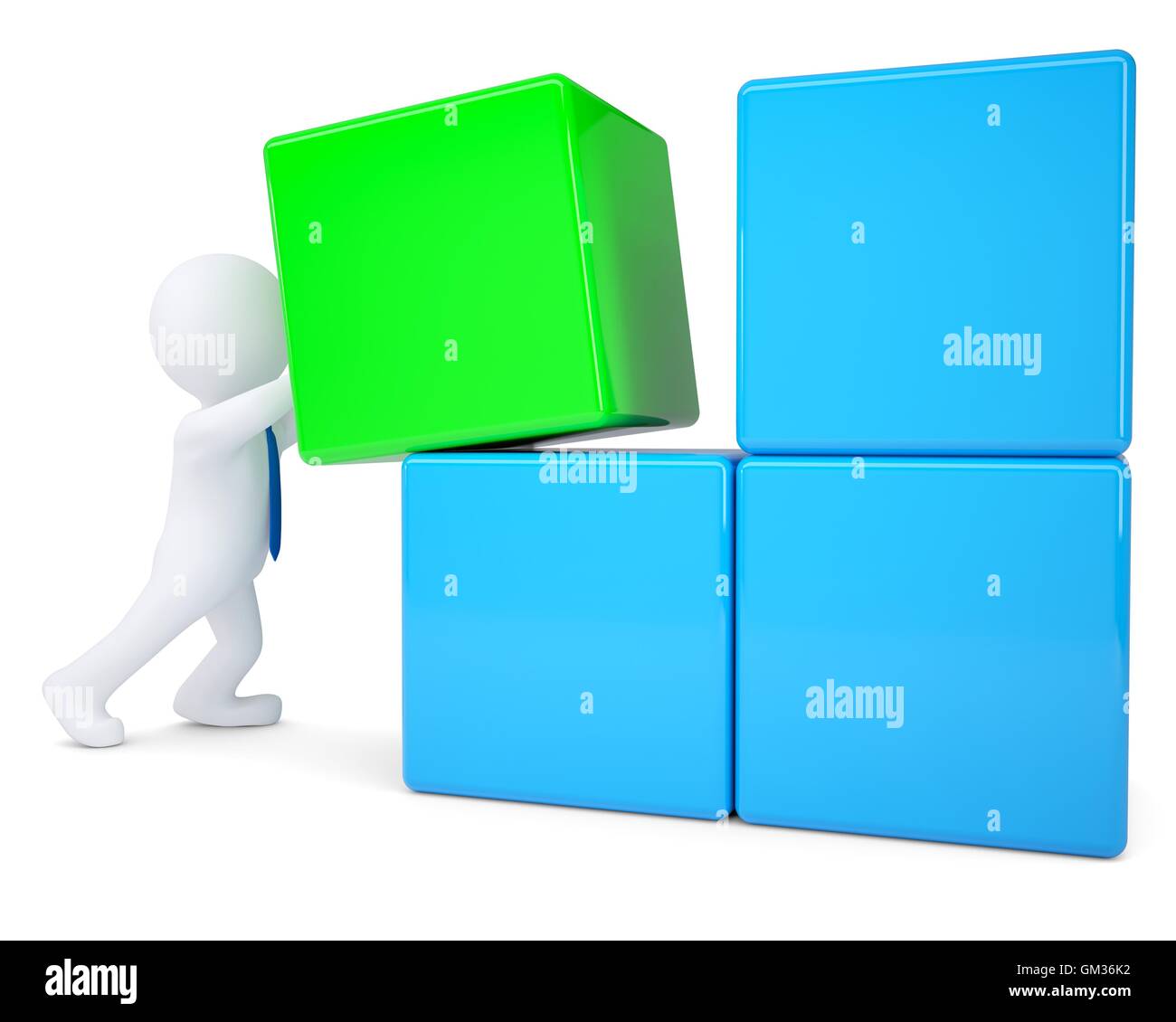 3d white man collects large cube of blocks Stock Photo - Alamy