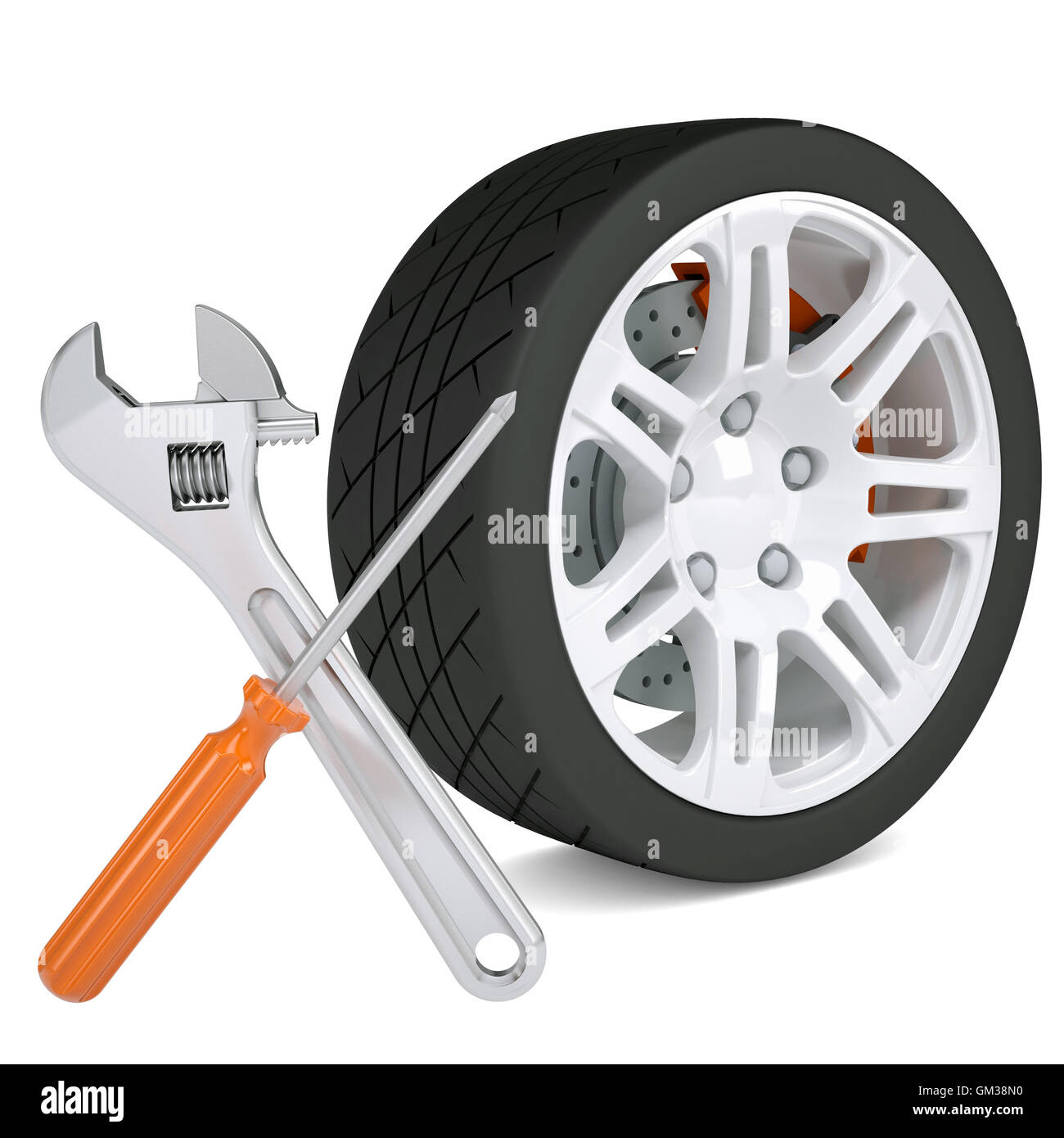 Wheel, wrench and a screwdriver Stock Photo - Alamy