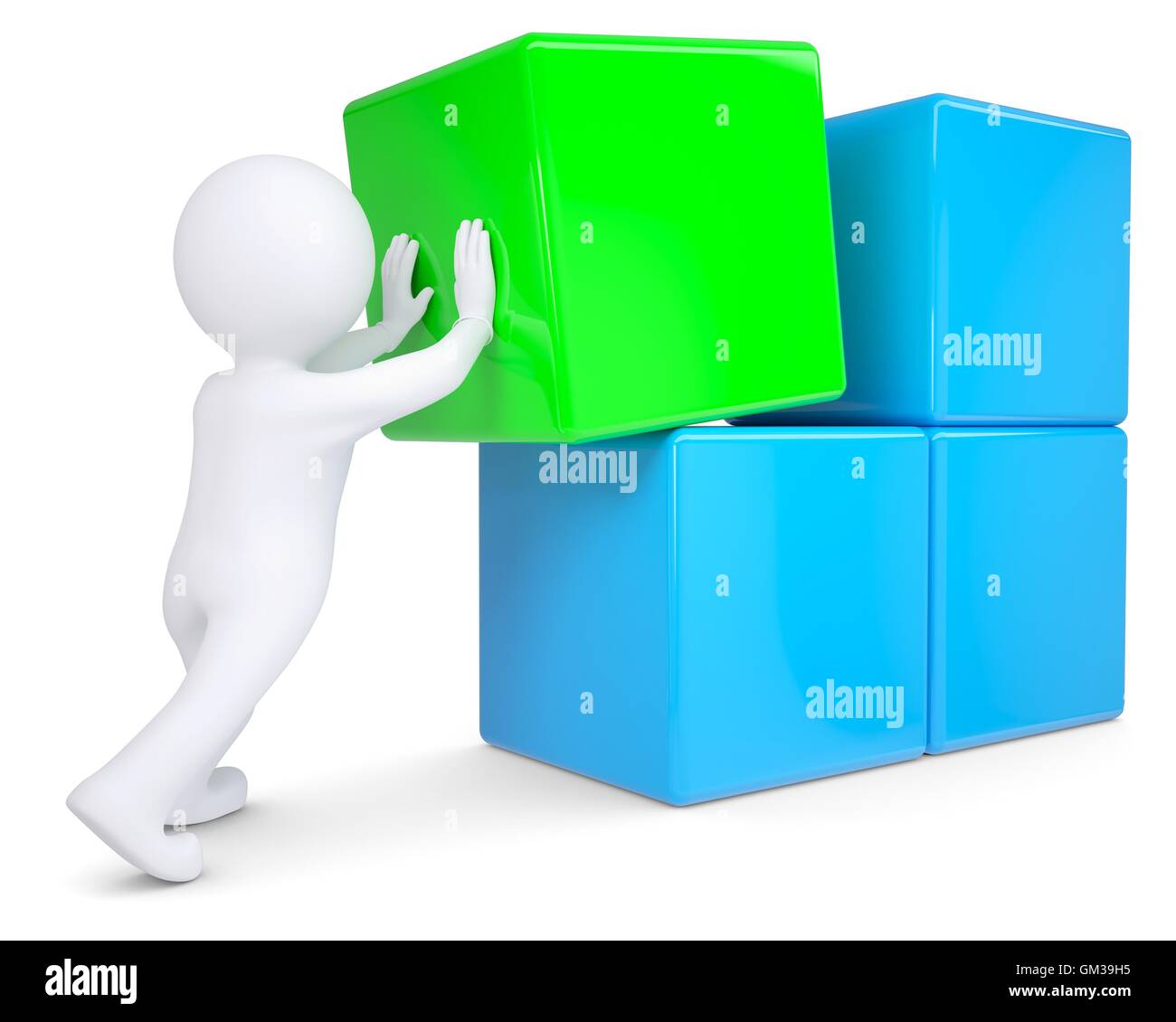 3d white man collects large cube of blocks Stock Photo - Alamy