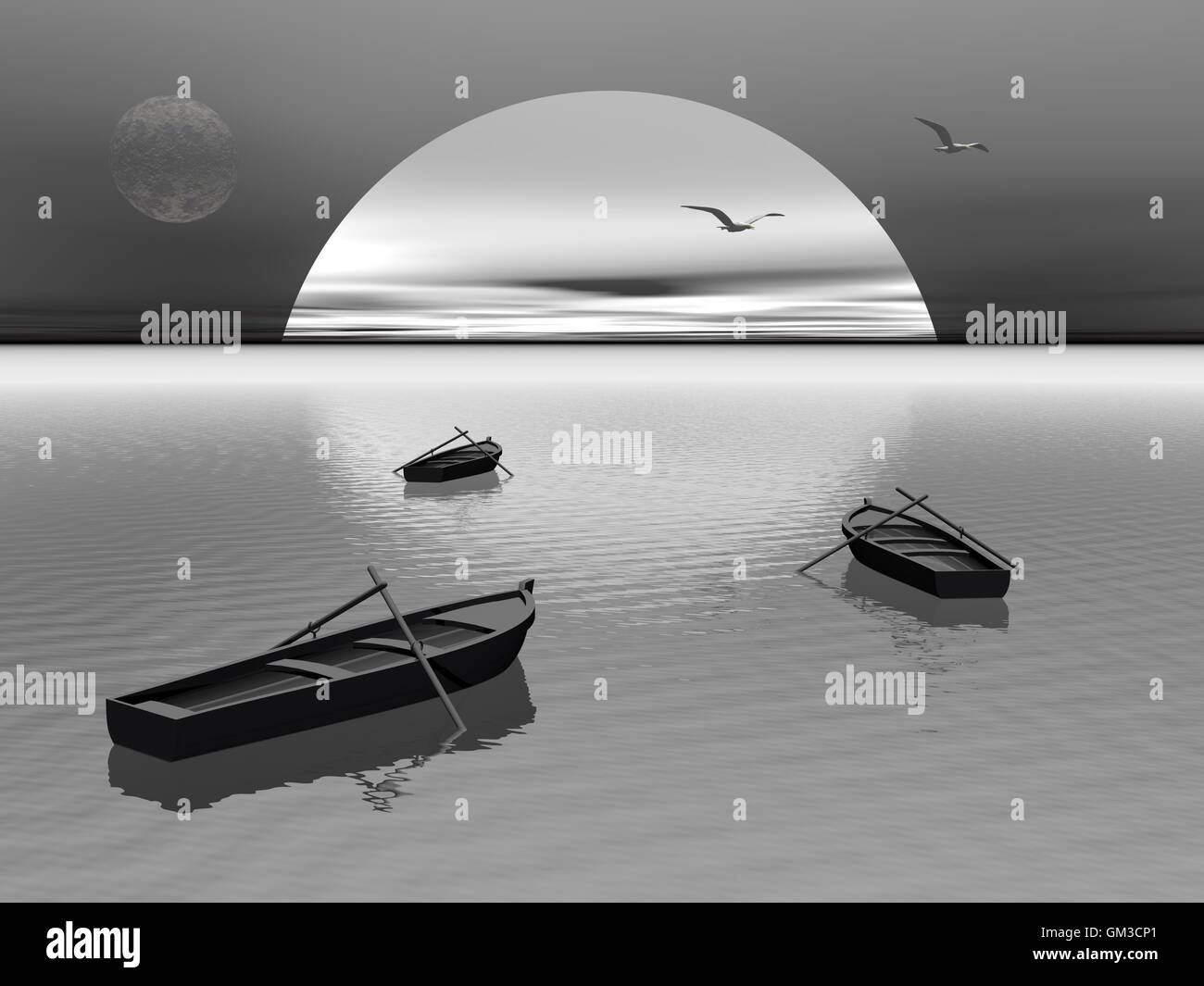 Old wood boat by night - 3d render Stock Photo - Alamy