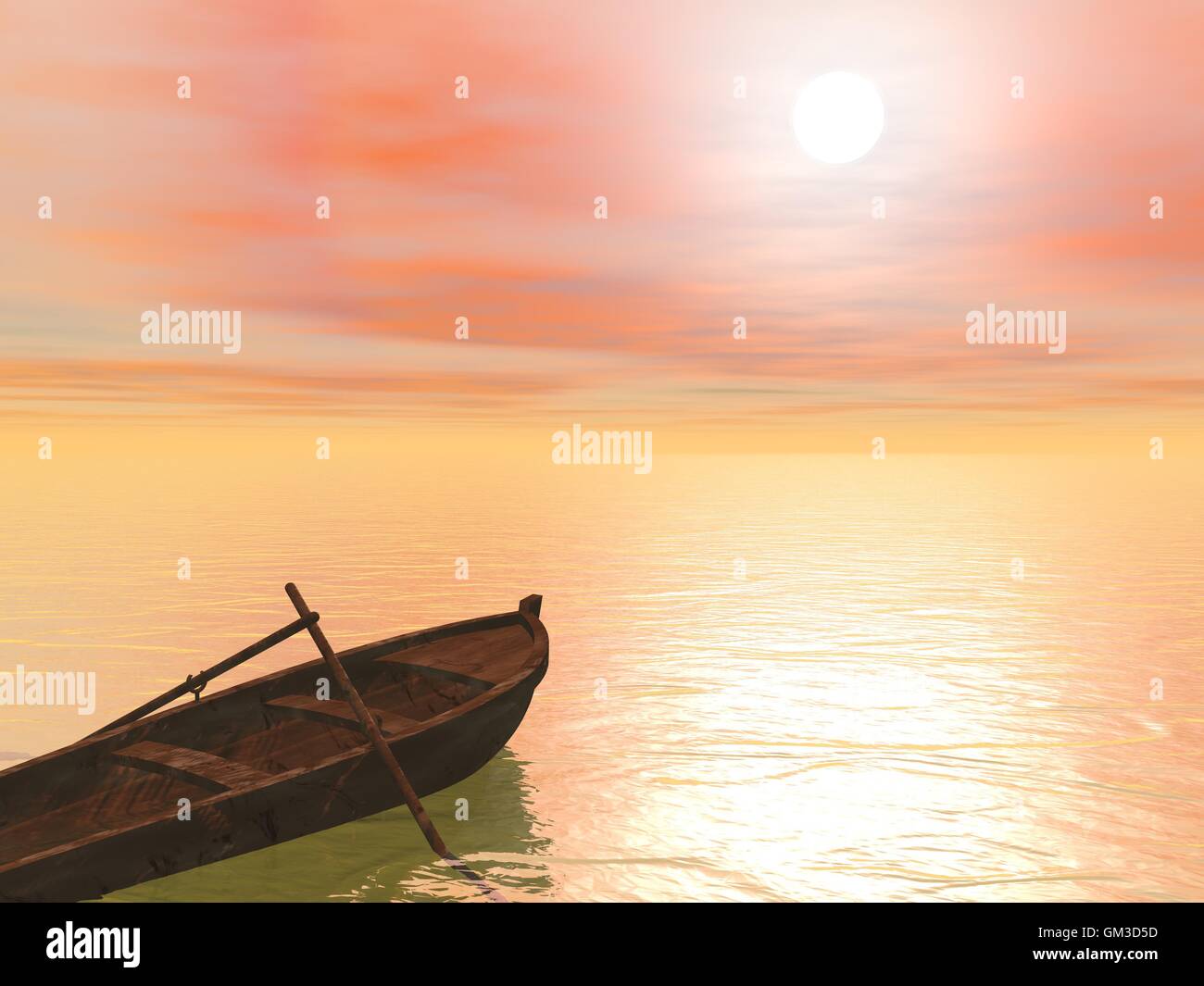 Old wood boat by sunset - 3d render Stock Photo - Alamy